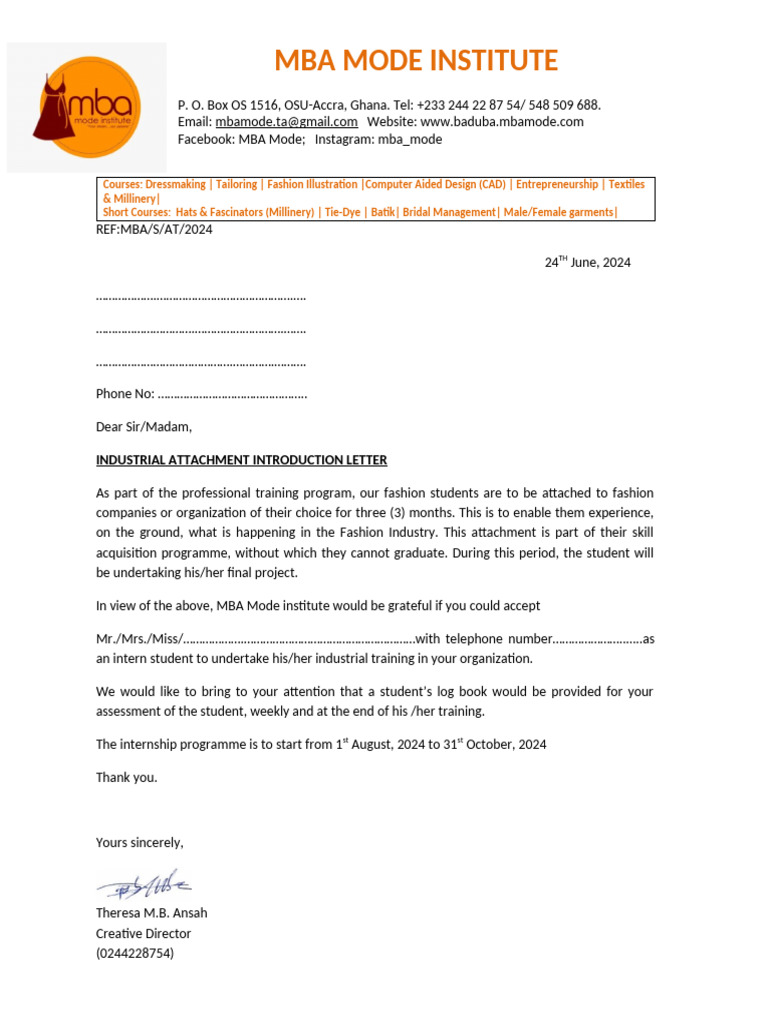 Industrial Attachment Letter | PDF