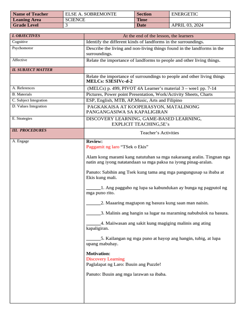 Cot Sci3 q4w1 Lesson Plan in Science 3 | PDF