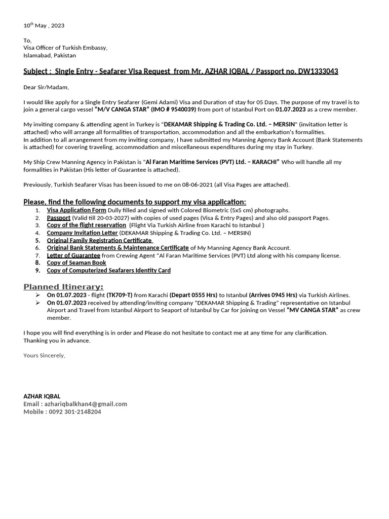 Cover Letter For Turkey Visa Eitisham | PDF | Travel Visa | Passport