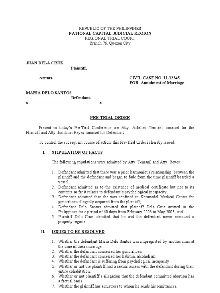 PRE-TRIAL ORDER (Annulment of Marriage) | Cross Examination | Lawsuit
