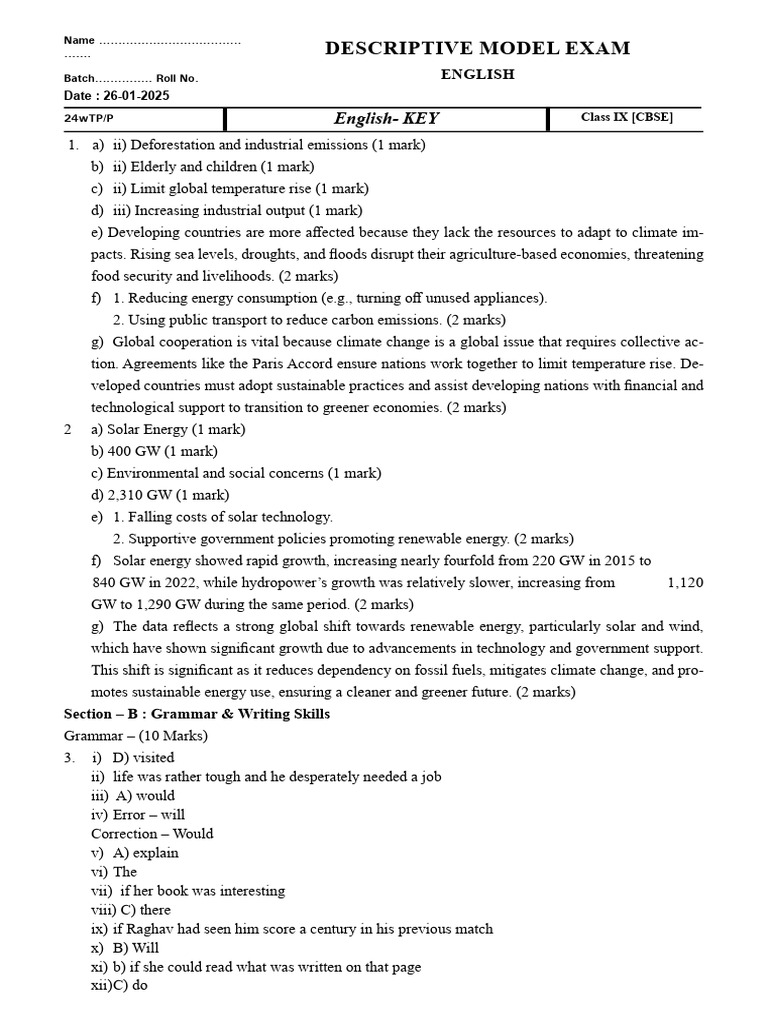 Descriptive Exam Class IX (CBSE) Answer Key 26-01-2025 | PDF ...