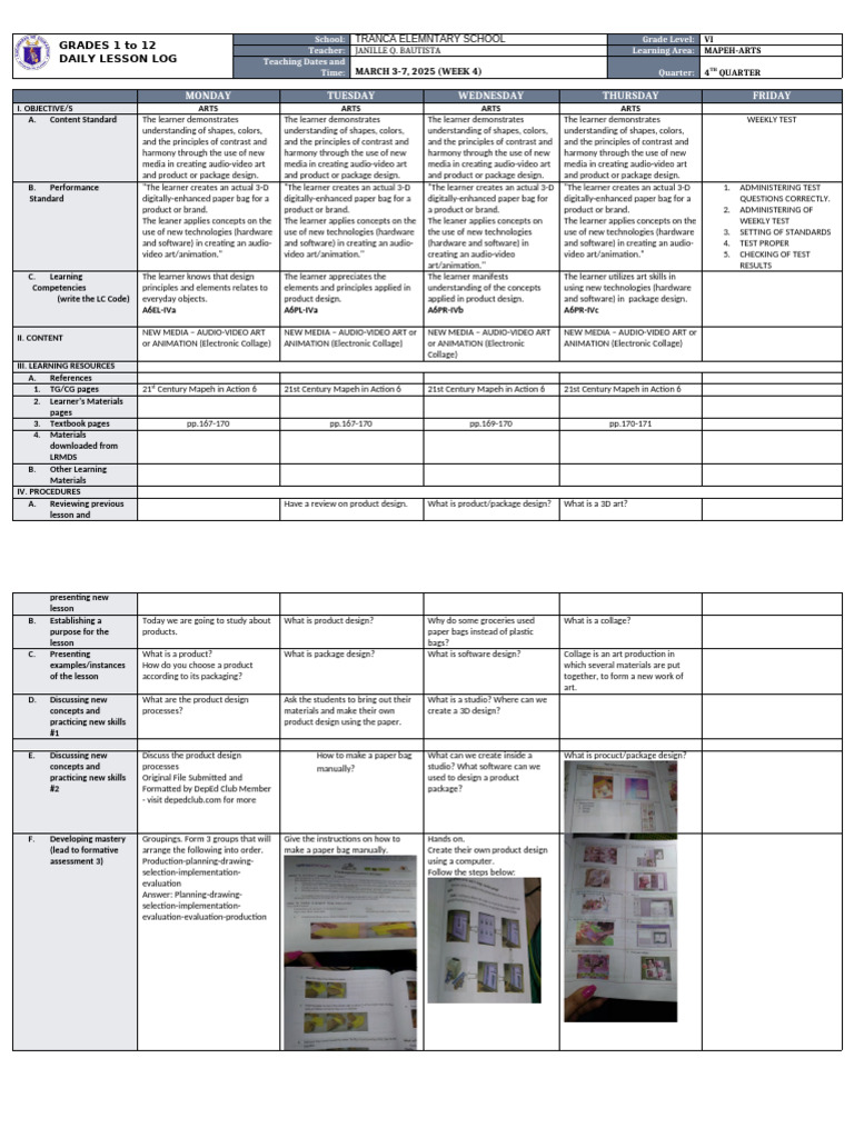 DLL_MAPEH 6_Q4_W4 (1) | PDF | Learning | 3 D Computer Graphics