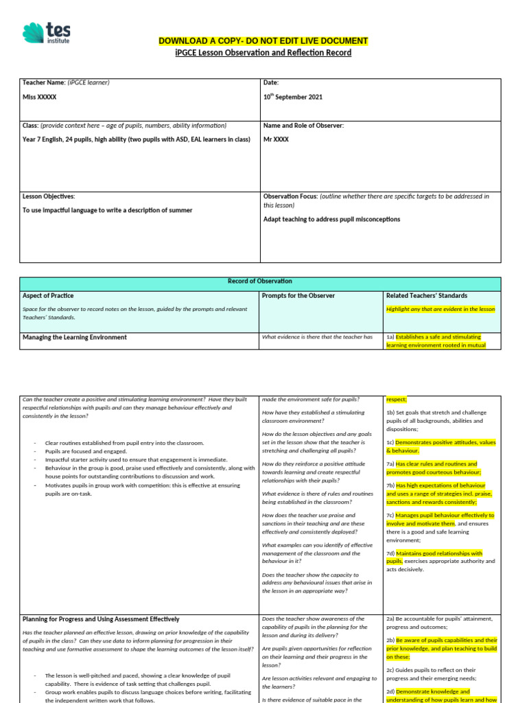 iPGCE Lesson Observation Record | PDF | Educational Assessment | Teachers