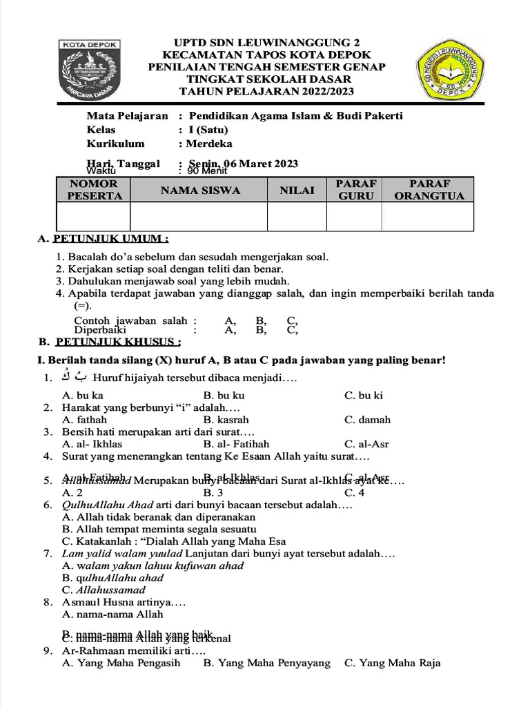 PDF Soal Pts Pai Kelas 1 Kurmer Compress | PDF