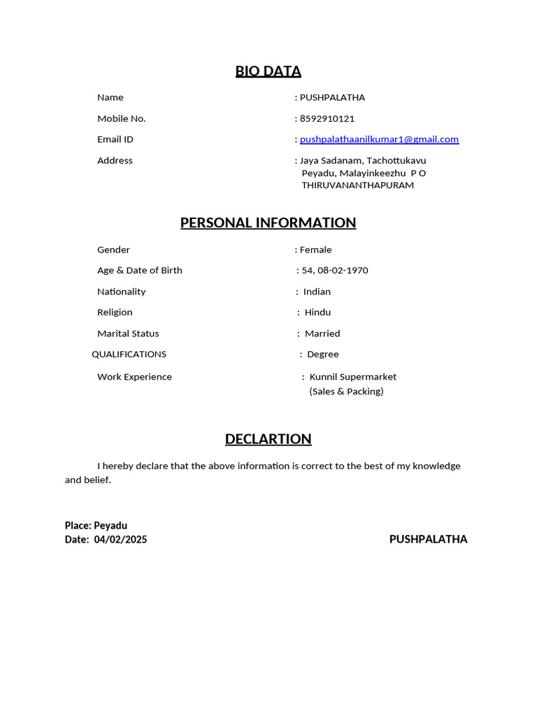 Biodata Pushpalatha | PDF