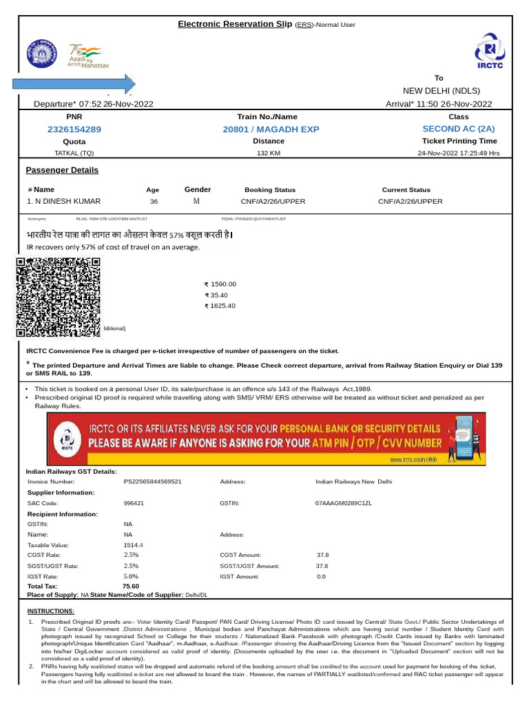 Electronic Reservation Slip for Train Travel | PDF | Identity Document ...