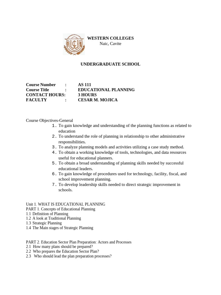 Syllabus Educational Planning and Management | PDF | Strategic Planning ...
