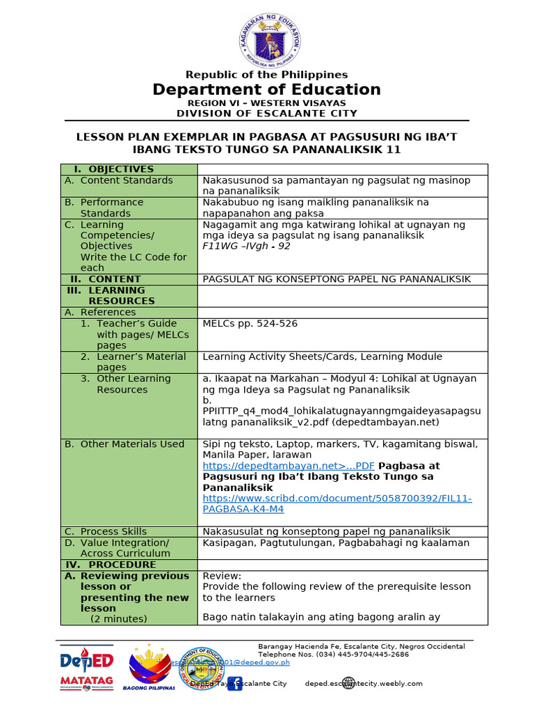 Lesson Exemplar PAGBASA | PDF
