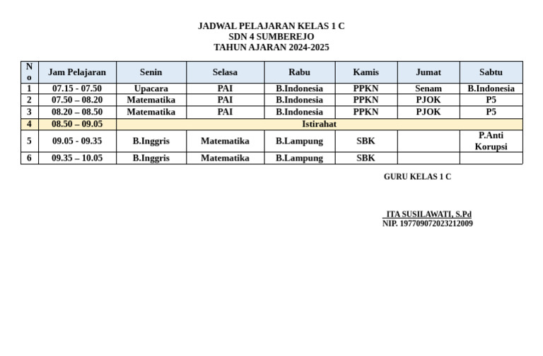 Jadwal Pelajaran Kelas 1 C | PDF