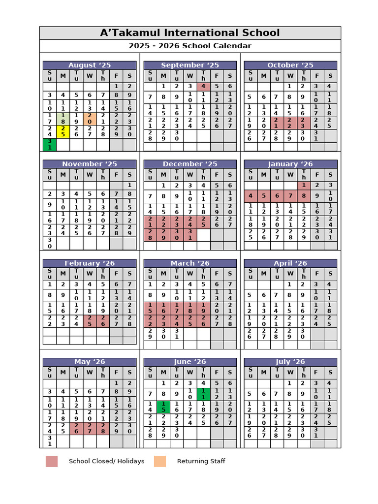 A’Takamul School Calendar 2025-2026 | PDF