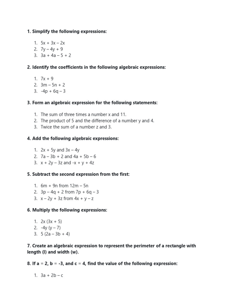 Grade 7 Algebraic Expressions Worksheet | PDF