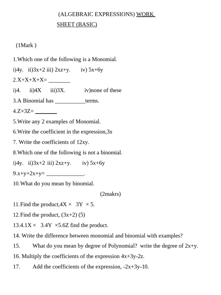 Grade 7 WS-Algebric Expression - Practise | PDF
