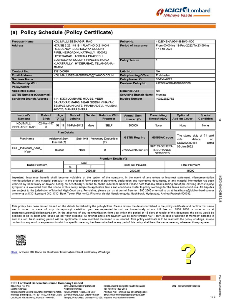 ViewDocument - RS 15990 at GIRI ICICI LOMBARD HEALTH POLICY | PDF ...