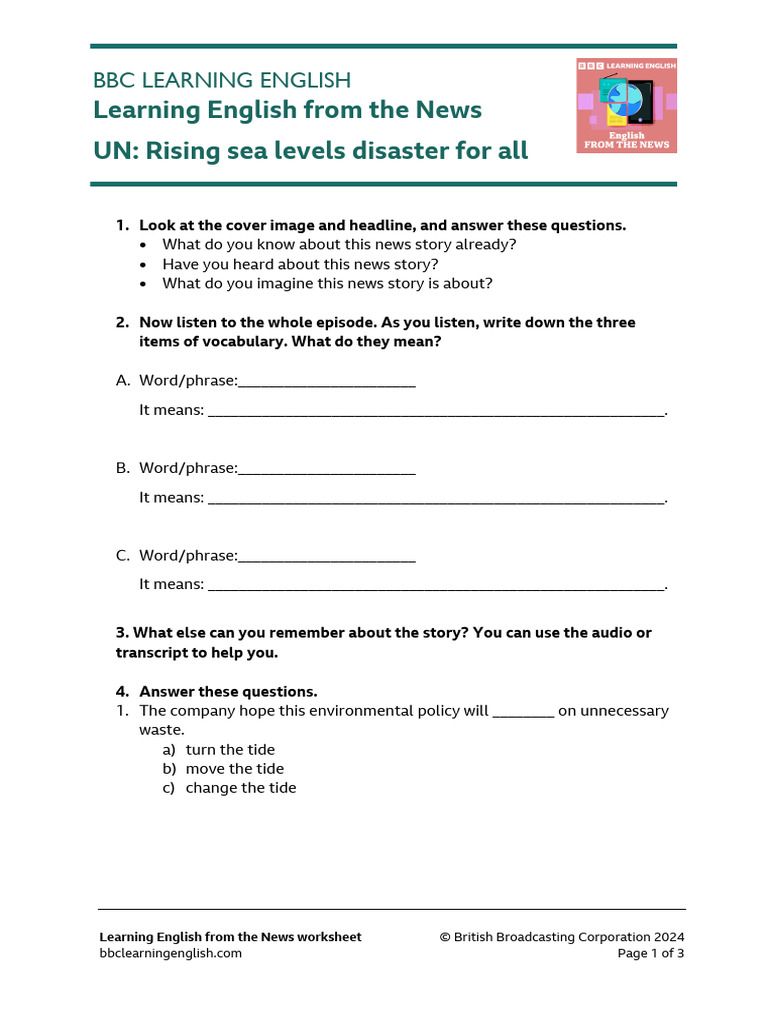 UN Rising Sea Levels: English Learning Worksheet | PDF | News | Human ...