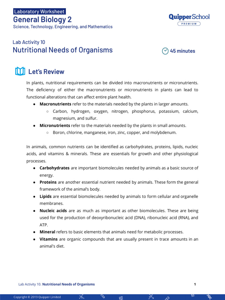 Nutritional Needs of Organisms Lab Activity | PDF | Nutrients | Biology