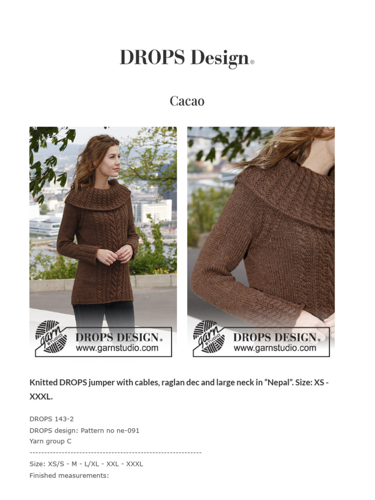 Cacao - Knitted DROPS Jumper With Cables, Raglan Dec and Large Neck in ...