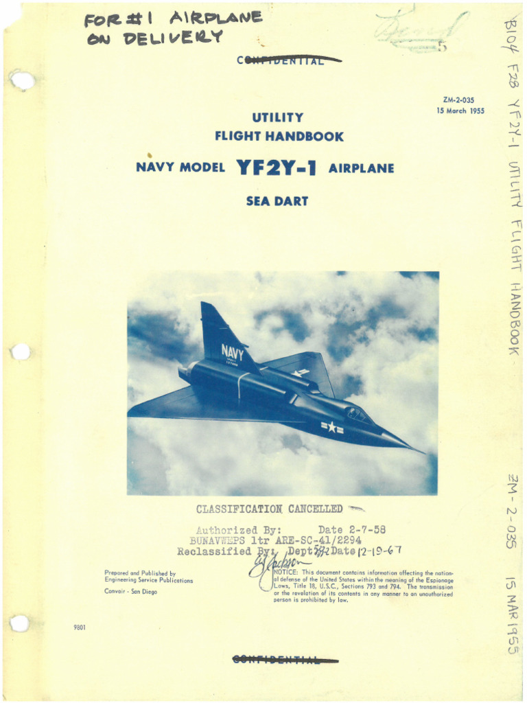 F2Y-1 Sea Dart Utility Flight Handbook, 15 MAR 1955, 17 Pgs. | PDF