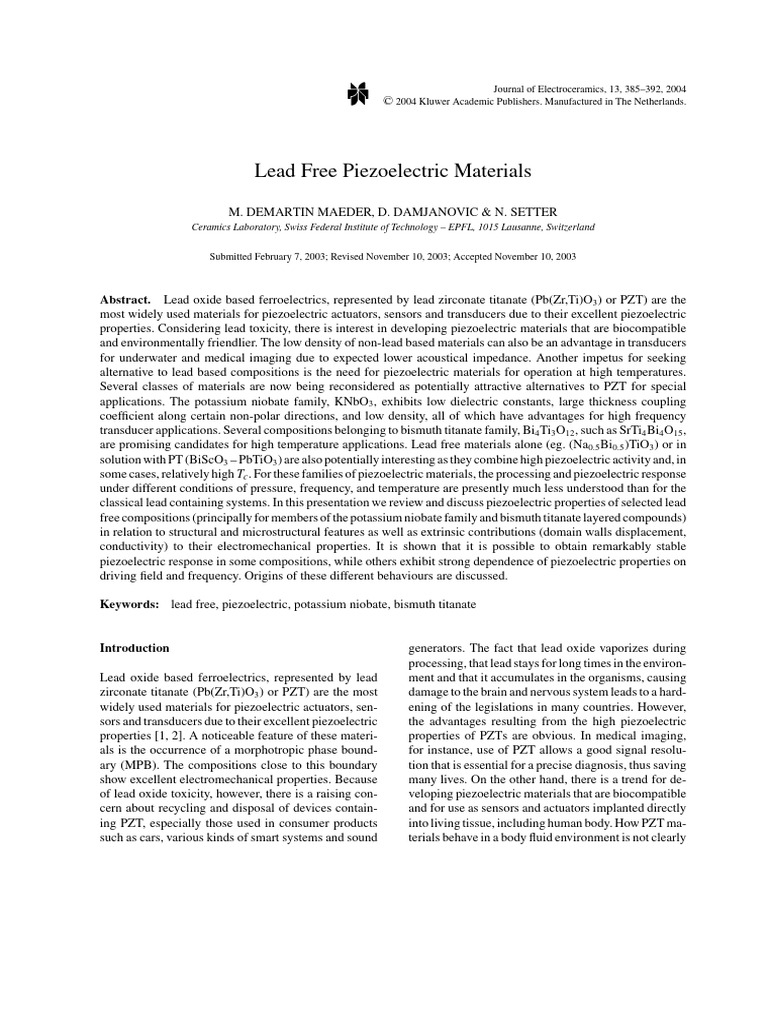 Lead Free Piezoelectric Materials | PDF | Piezoelectricity ...