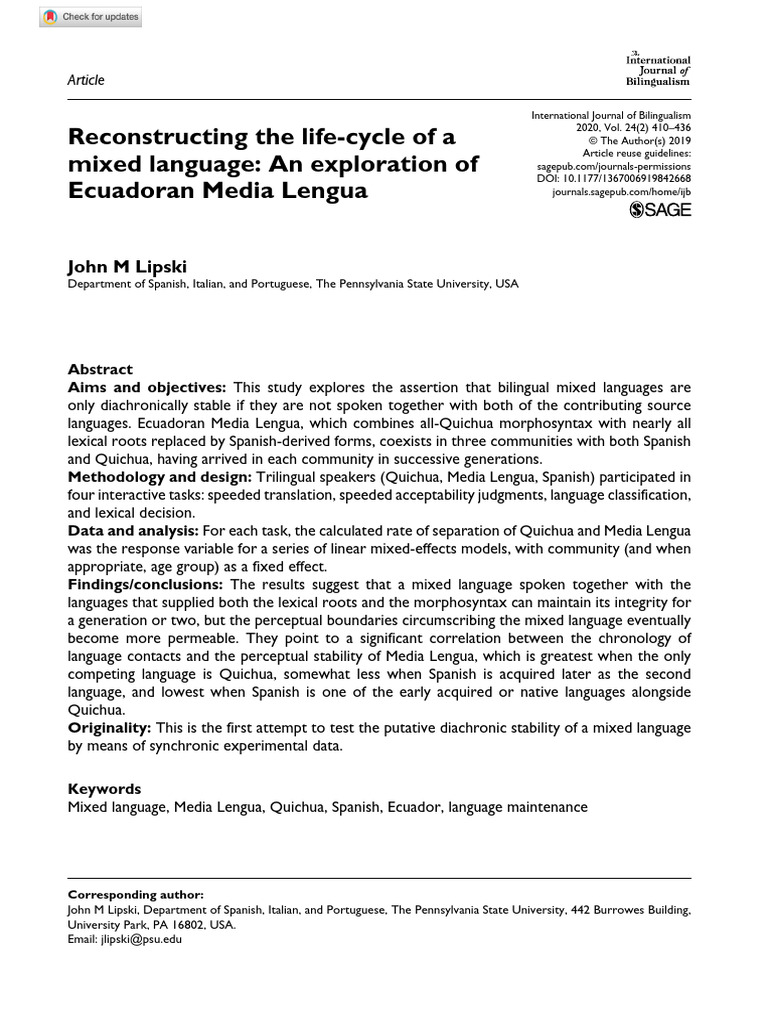 Lipski 2019 Reconstructing The Life Cycle of A Mixed Language An Exploration of Ecuadoran Media ...