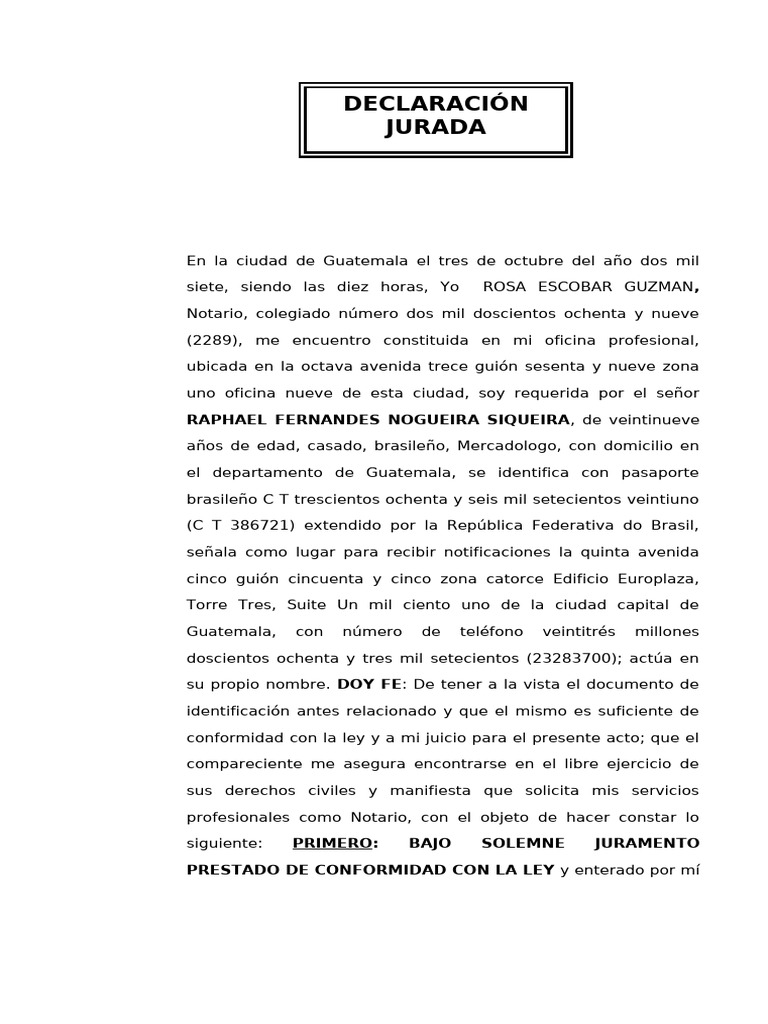 Declaración Jurada Hablar Español Raphael | PDF