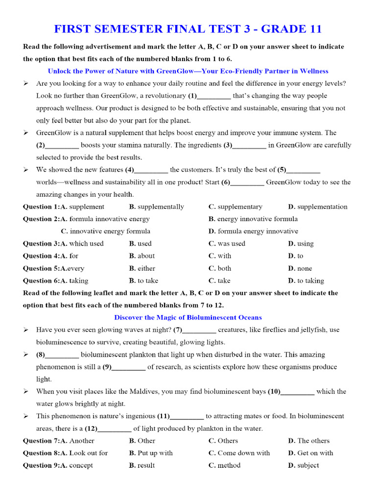First Semester Final Exam TEST 3 - GRADE 11 - HS. | PDF