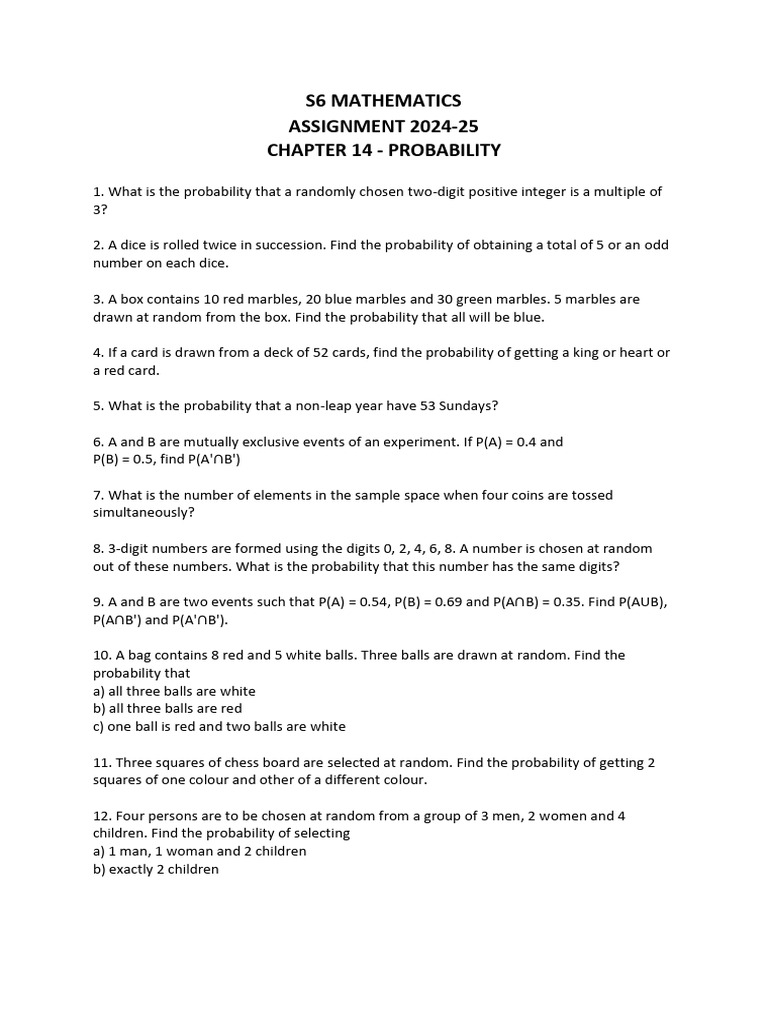 S6 ASSIGNMENT PROBABILITY | PDF | Probability | Mathematical Concepts