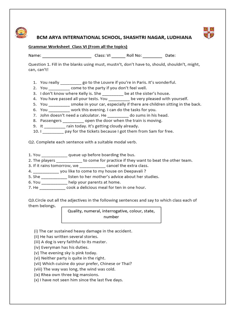 Grammar Worksheet Class 6 All Topics | PDF