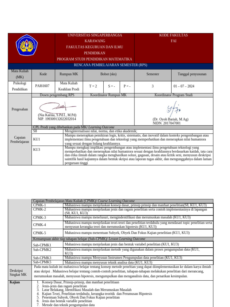 RPS Psikologi Pendidikan | PDF
