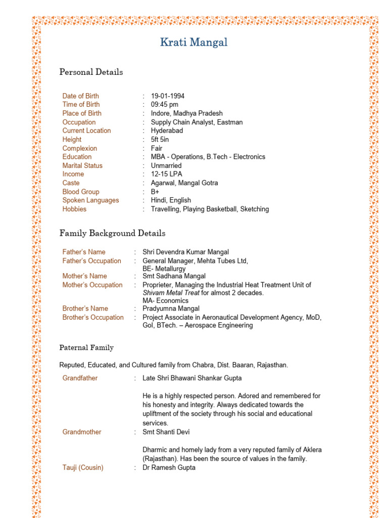 Krati Mangal Bio Data | PDF