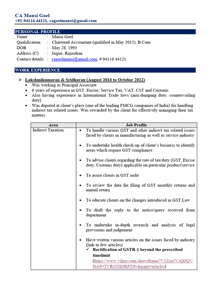 Resume_CA MansiGoel | PDF | Taxes | Indirect Tax