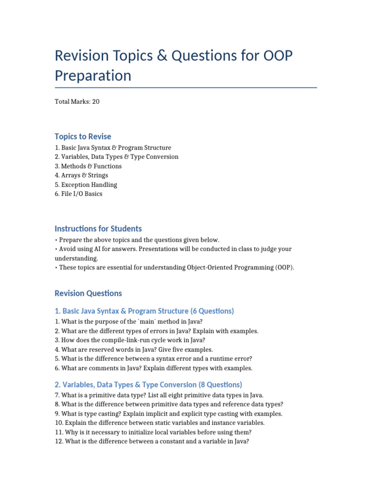 OOP Preparation Revision Topics and Questions | PDF | Variable (Computer Science) | Method ...