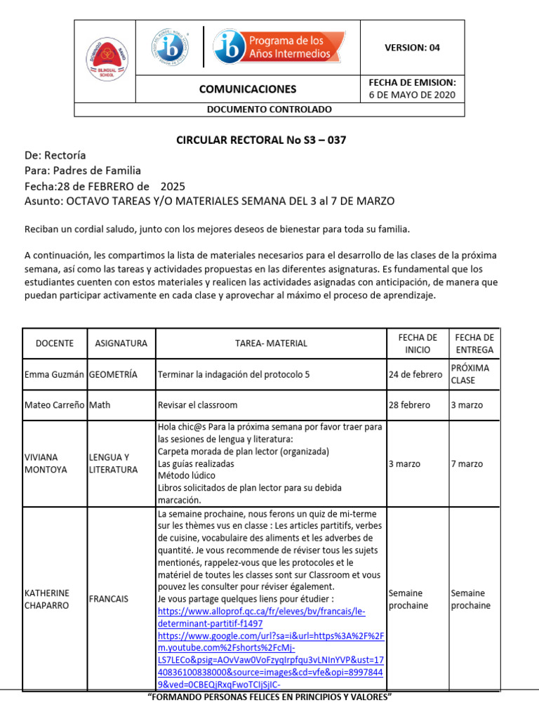 CIRCULAR RECTORAL No S3 - 037 OCTAVO TAREAS Y-O MATERIALES SEMANA DEL 3 Al 7 DE MARZO | PDF