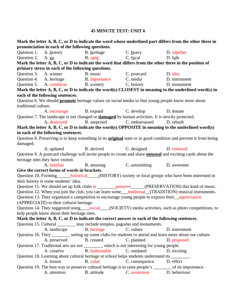 45 Minute Test Unit 6 - Kda | PDF | Cultural Heritage | Vietnam