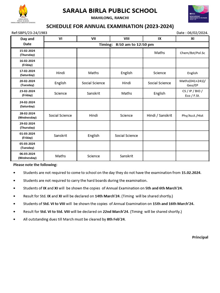 Date Sheet Annual Exam 2023-24 SENIOR | PDF