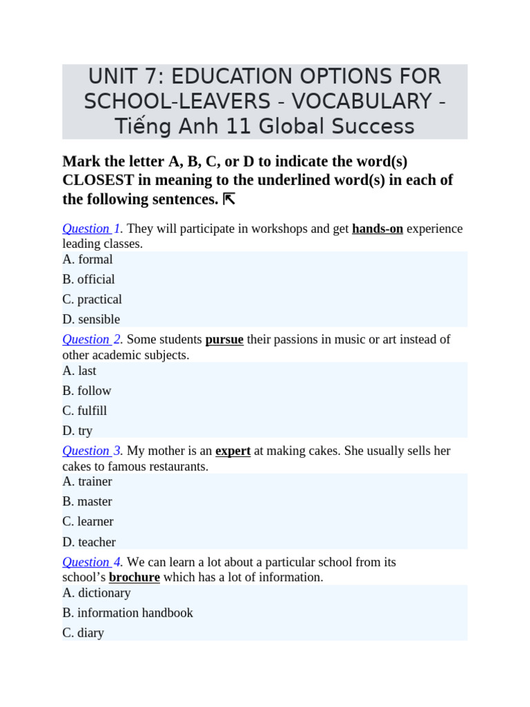 Unit 7 Education Options for School-leavers - Vocabulary - Tiếng Anh 11 Global Success | PDF