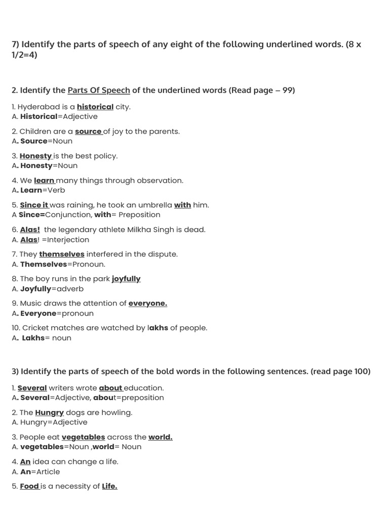 Parts of Speech Grammer Interactive English First Year Intermediate ...