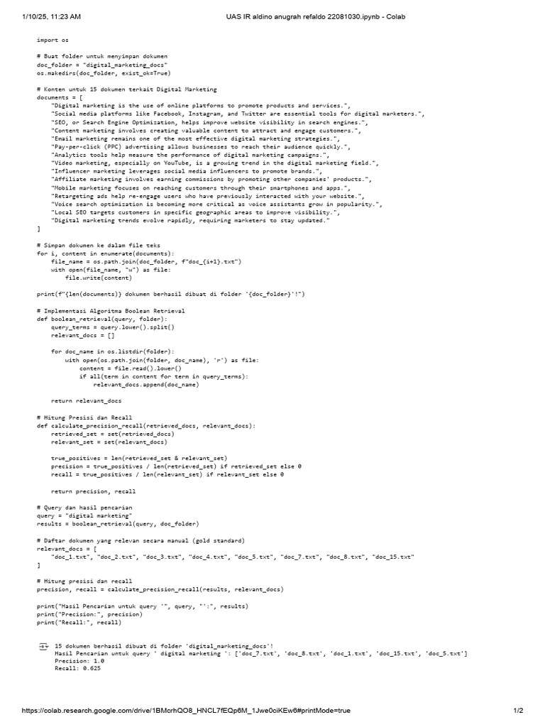 UAS IR Aldino Anugrah Refaldo 22081030.ipynb - Colab | PDF | Digital Marketing | Web 2.0
