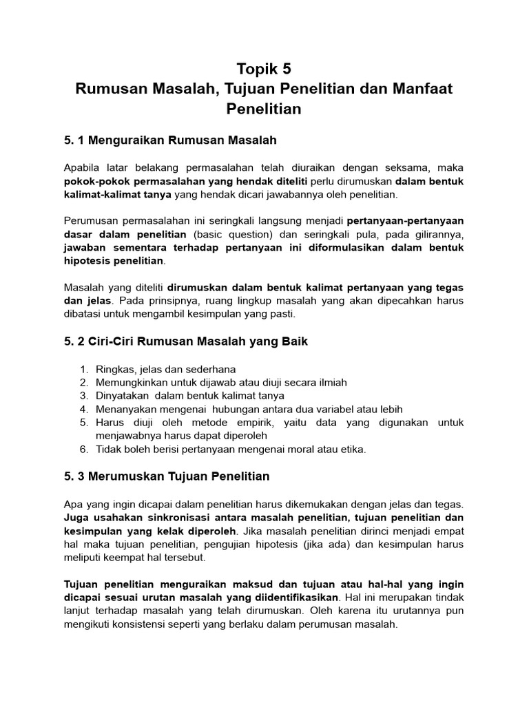 Topik 05 - Rumusan Masalah, Tujuan Penelitian Dan Manfaat Penelitian | PDF