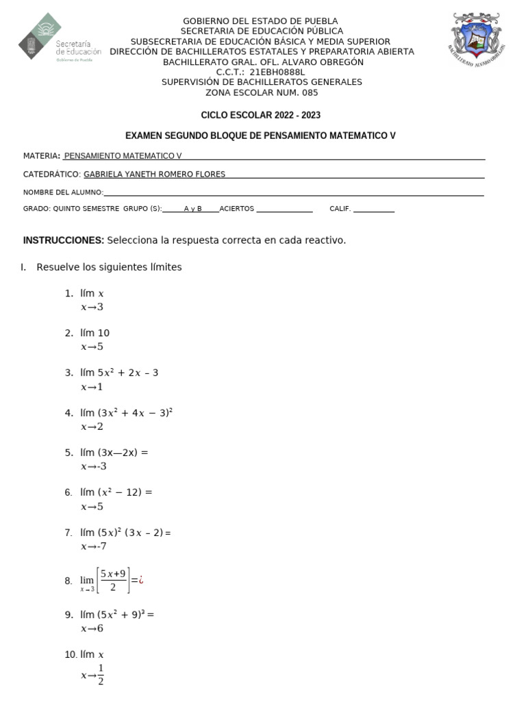 Examen de Pensamiento Matemático V 2022 | PDF