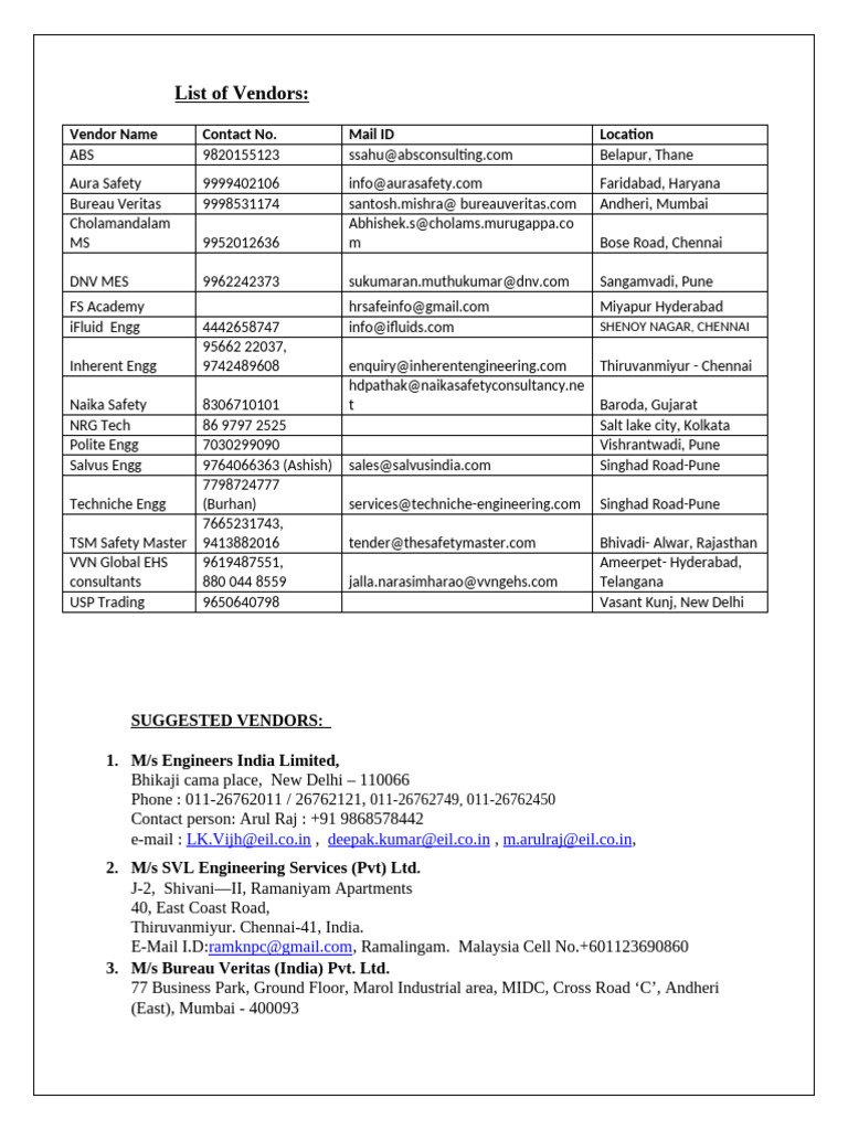 Vendors List | PDF