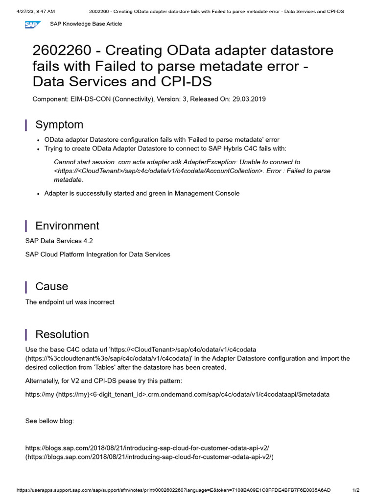 2602260 - Creating OData adapter datastore fails with Failed to parse metadate error - Data ...