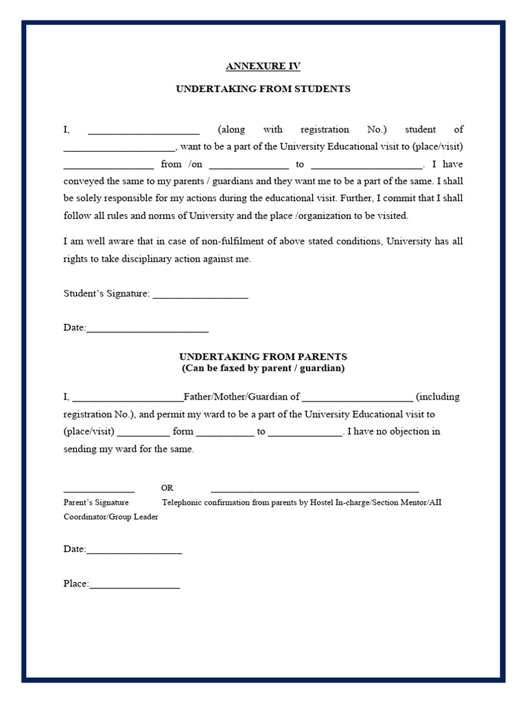 Student Undertaking for Educational Visit | PDF