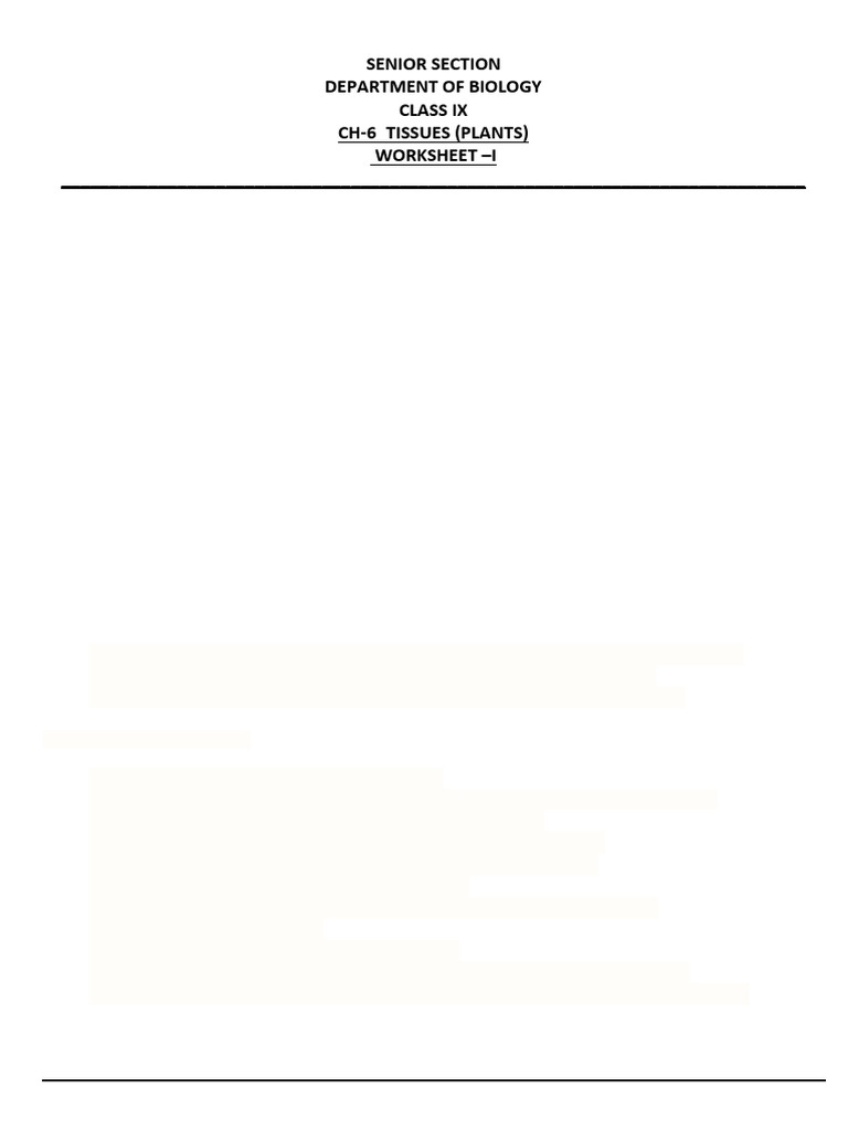 CBSE Class 9 Science Worksheet - Tissues Plants | PDF | Tissue (Biology ...