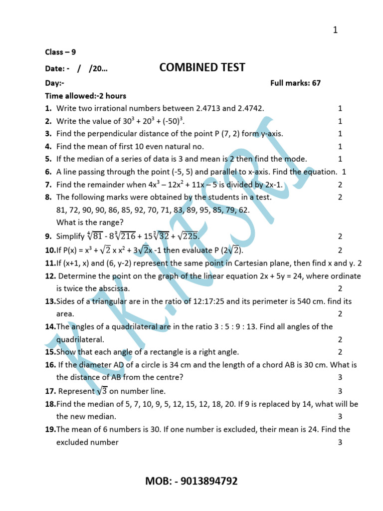 Combined test Class 9th math | PDF | Cartesian Coordinate System | Circle