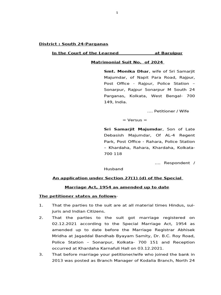 Monika Dhar Mat Suit Plaint Pdf Lawsuit Marriage