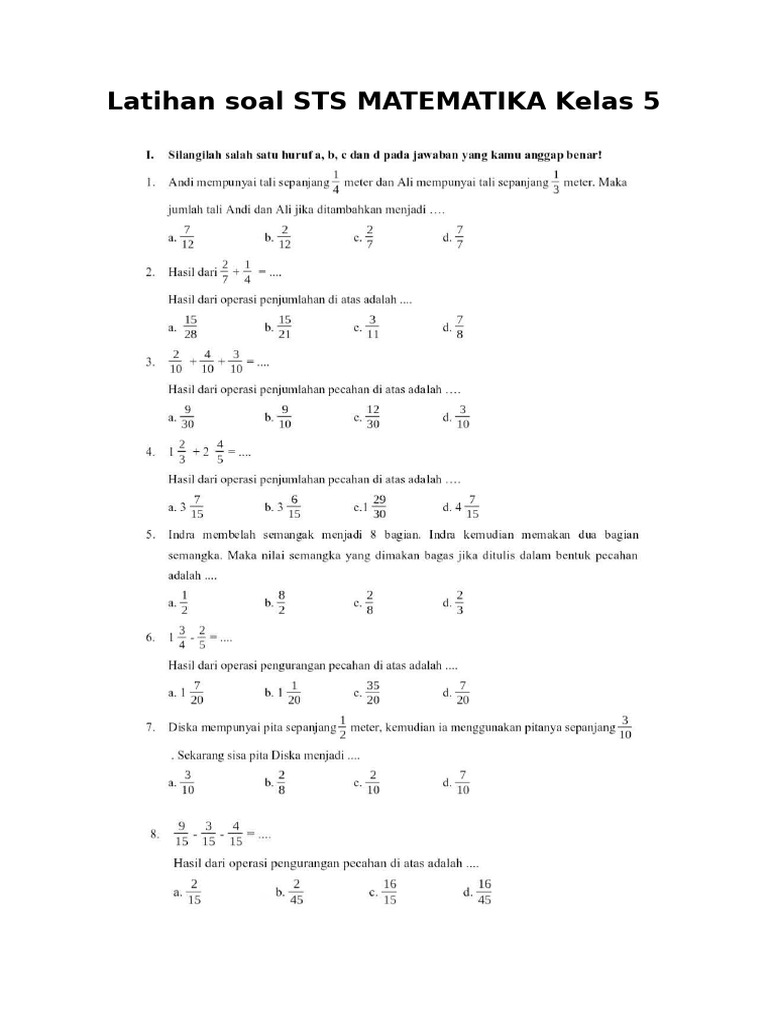 Soal STS MATEMATIKA Kelas 5 | PDF