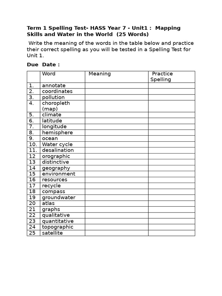 7 HASS Term 1 Spelling Test Unit 1 GEO | PDF