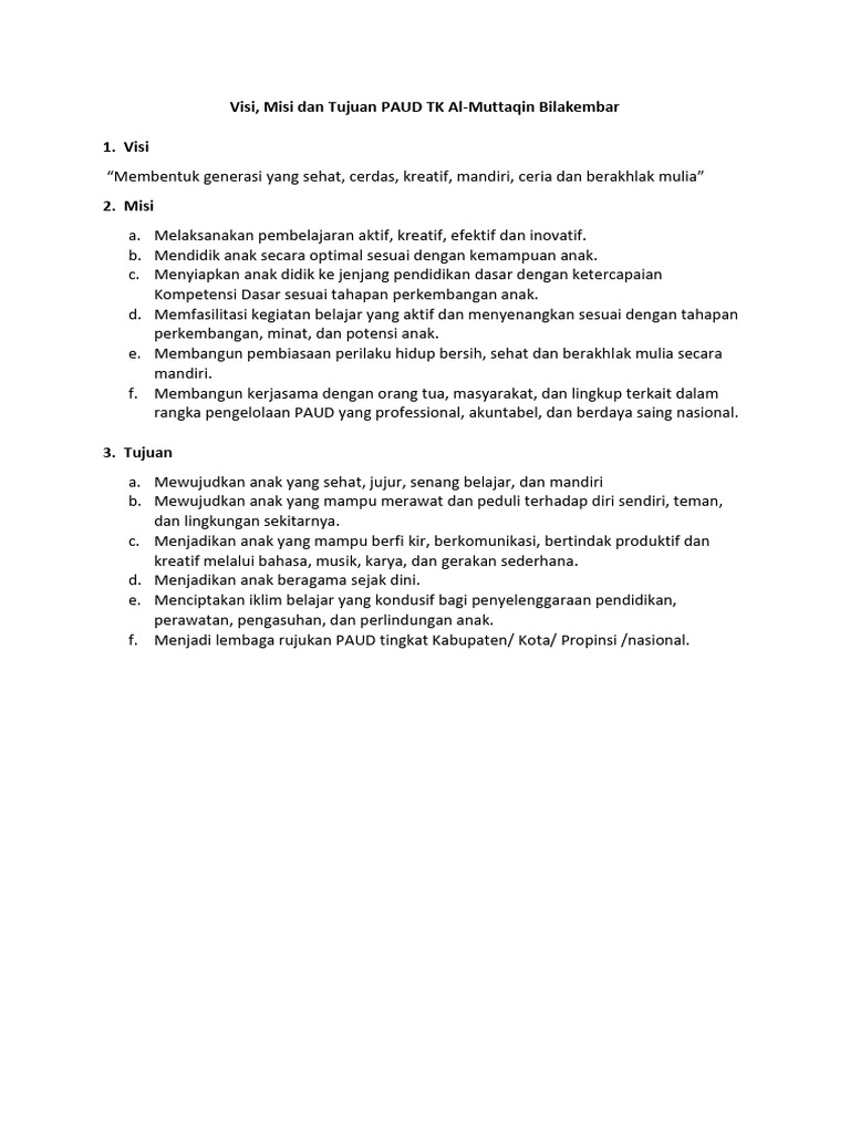 Visi Misi TK Al-Muttaqin Bilakembar | PDF