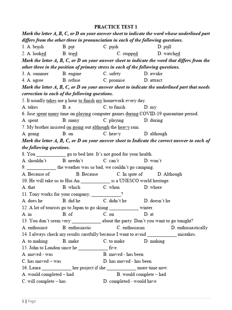English Practice Test Questions | PDF | Water | Water Pollution