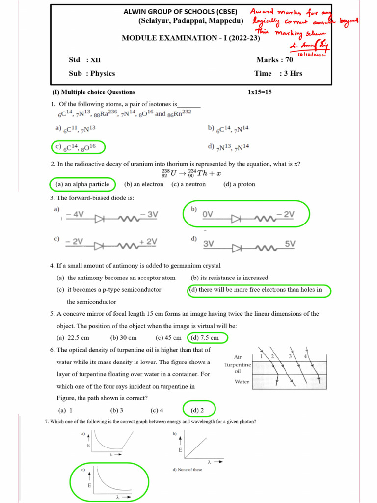 Class 12 Physics Module 1 Dec 2022 (CH 9-14) Answer Key | PDF